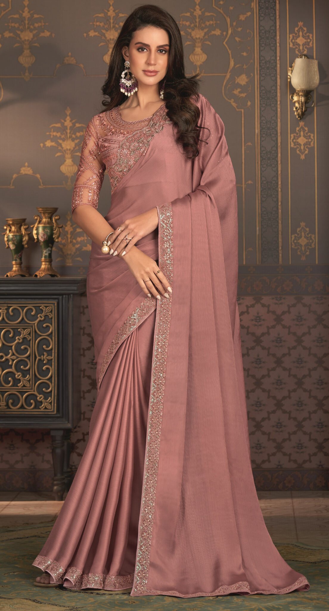 Party Wear Designer Chiffon Saree for Wedding Blushing Peach Colour
