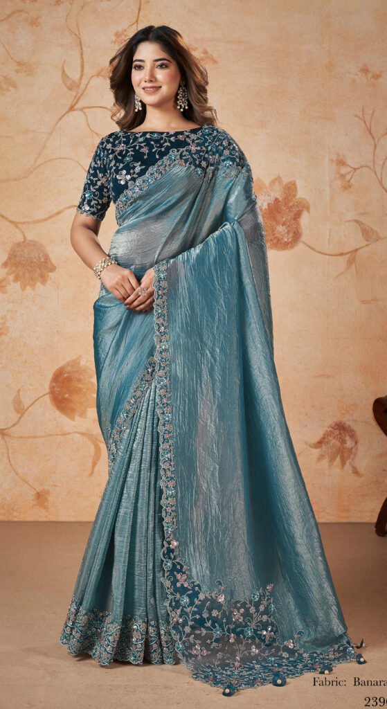 Heavy Party Wear Blue Grey Saree for Wedding Bridal Saree Reception
